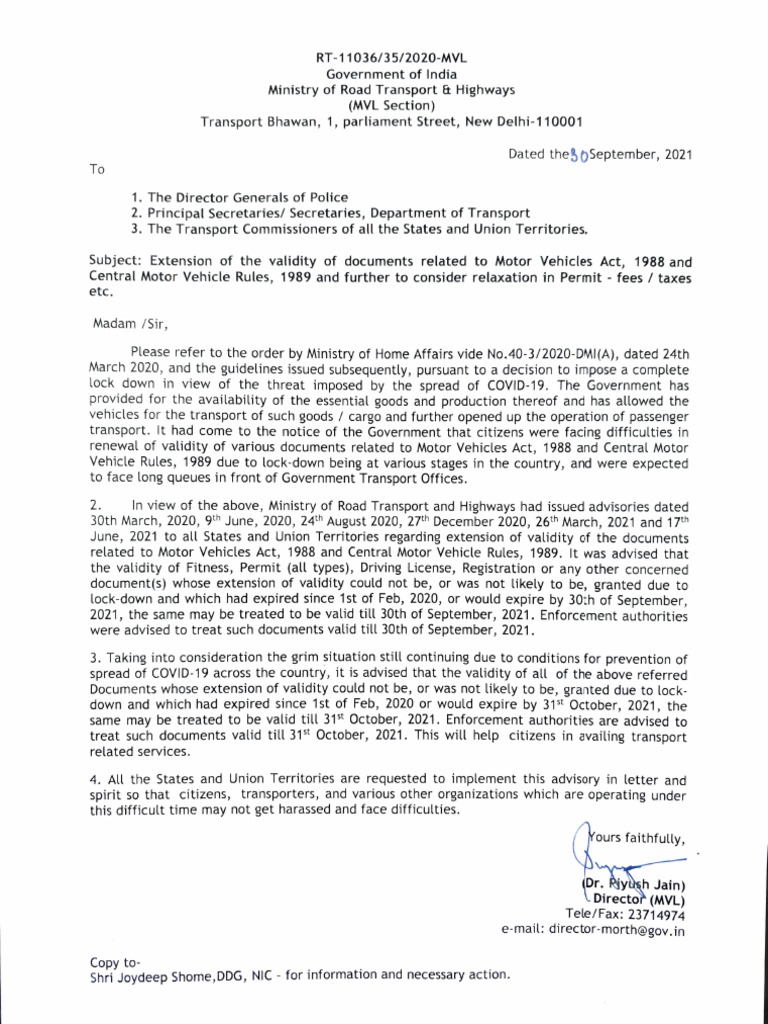 Advisory For Extension of Validity of Documents Sep 30, 2021 | PDF ...
