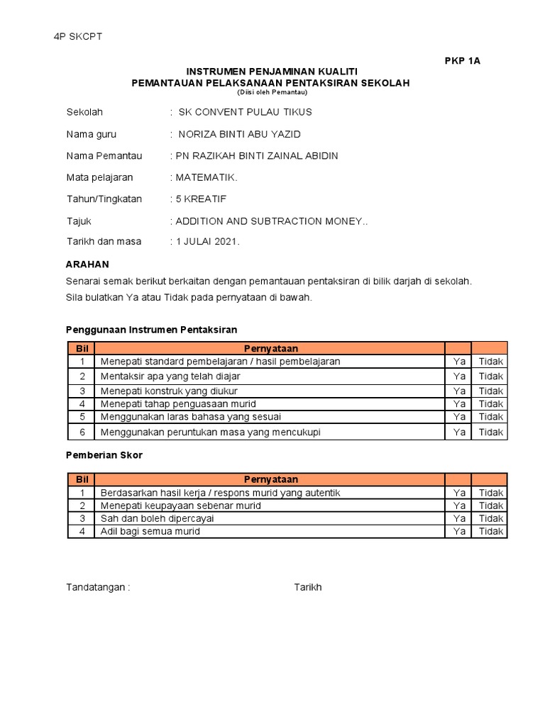 Borang Contoh Pemantauan 1A1B | PDF