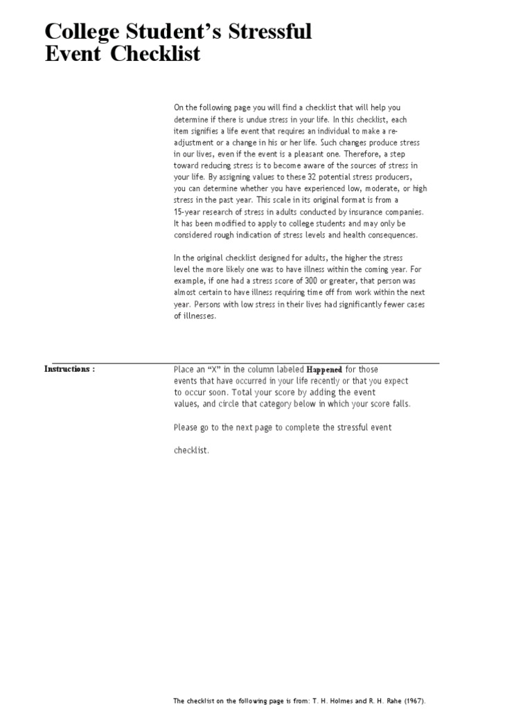 College Student's Stressful Event Checklist: Instructions | PDF ...