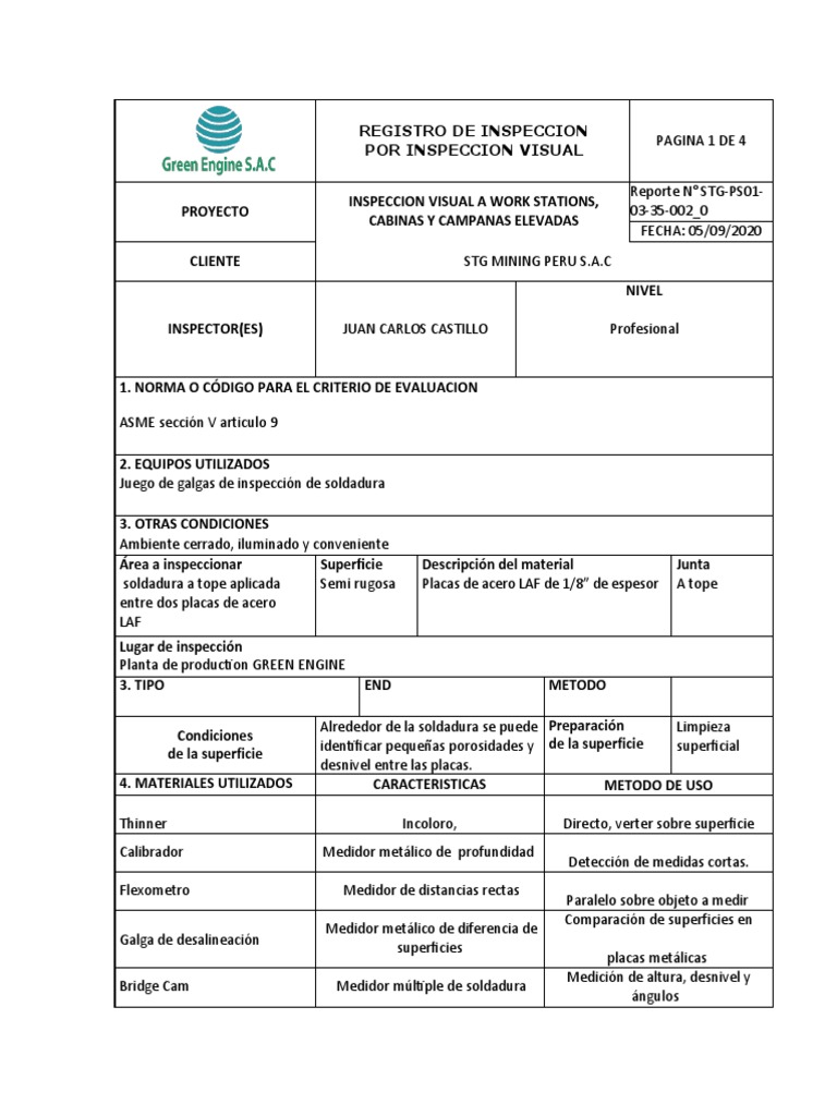 Registro de Inspeccion Por Inspeccion Visual | PDF | Soldadura ...