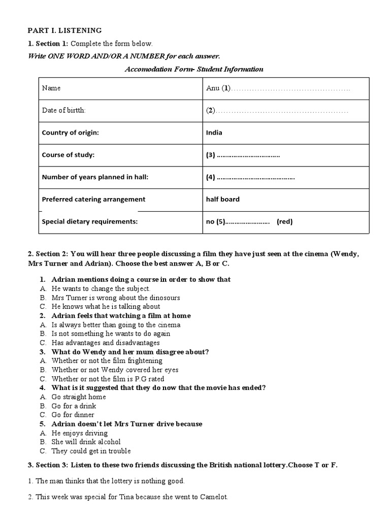 Write ONE WORD AND/OR A NUMBER For Each Answer. Accomodation Form ...