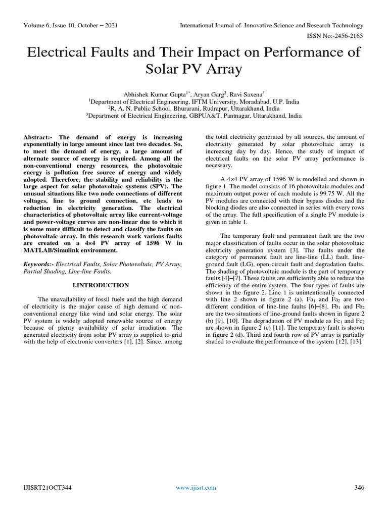 Electrical Faults and Their Impact On Performance of Solar PV Array | PDF | Photovoltaics ...