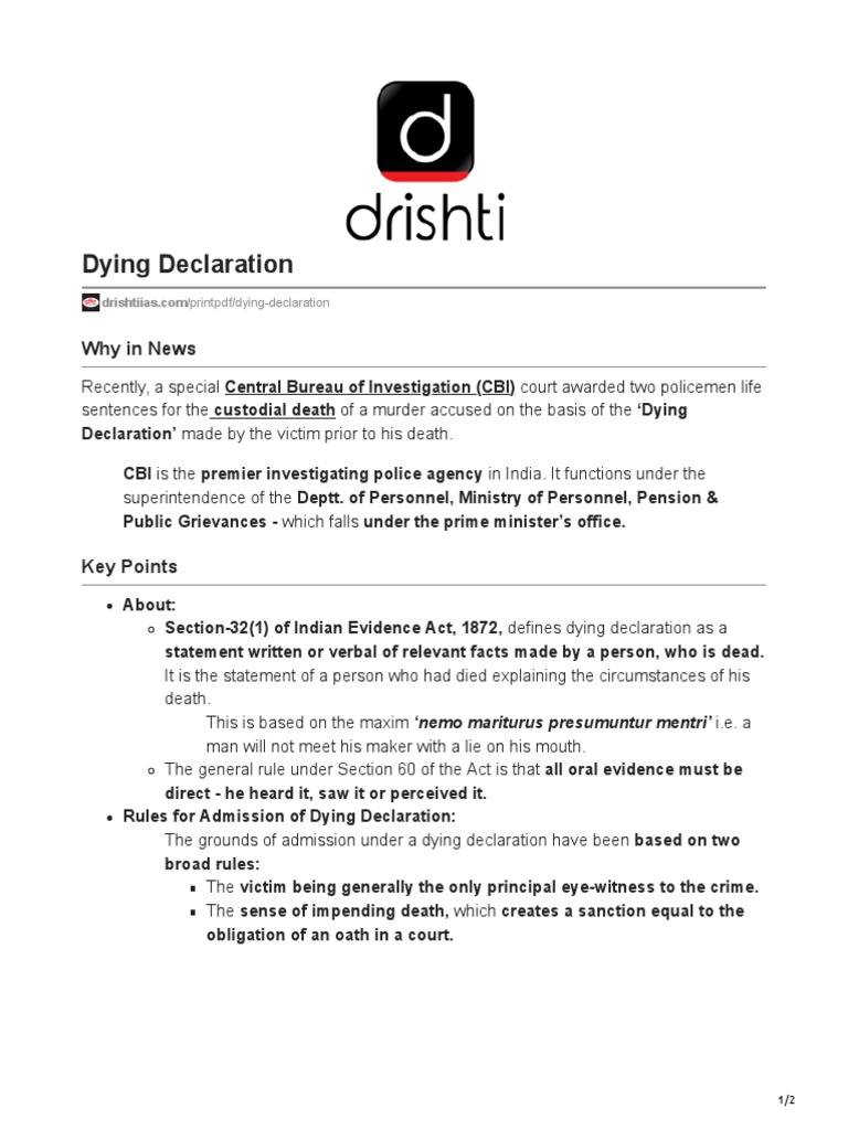 Dying Declaration | PDF | Evidence | Witness