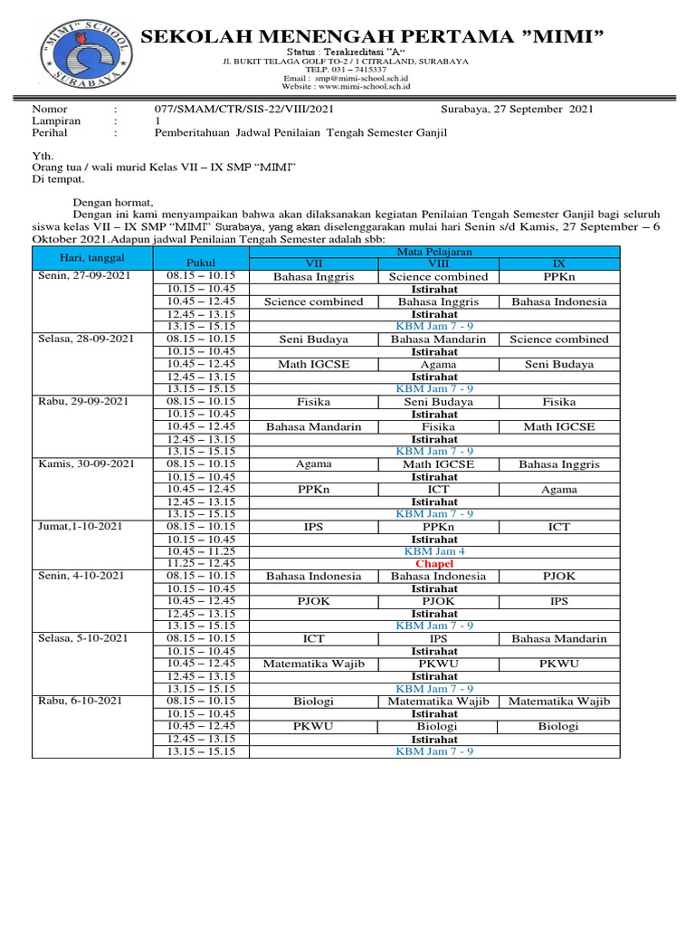 Surat Edaran Jadwal PTS SMP | PDF