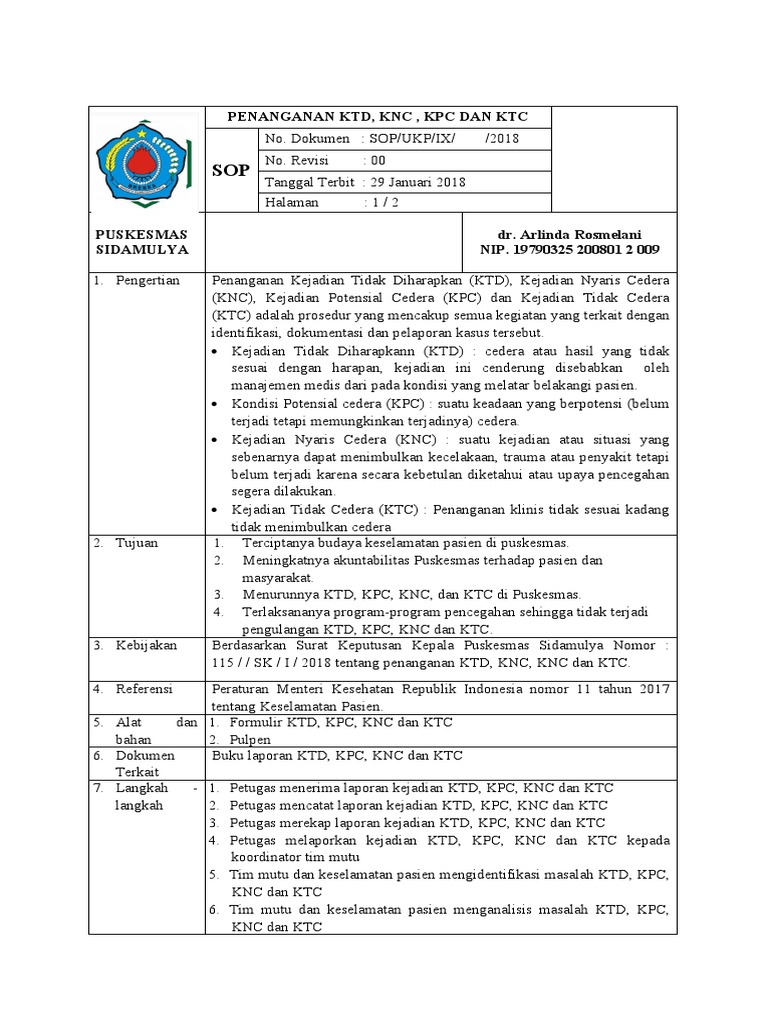 Sop Penanganan KTD KPC KNC KTC | PDF