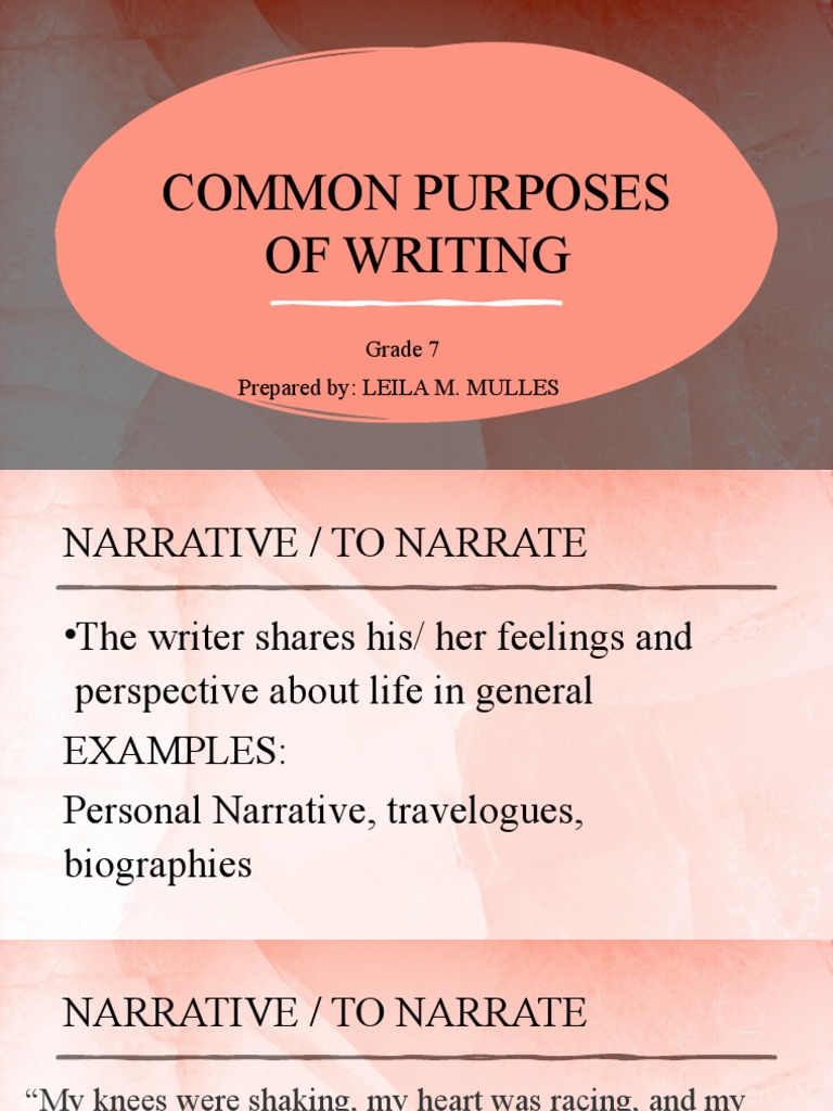 Common Purposes of Writing: Grade 7 Prepared By: LEILA M. MULLES | PDF