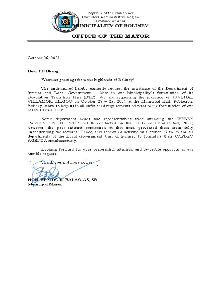 Letter Request Dilg Abra Cap Dev | PDF
