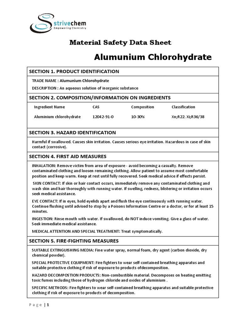 Alumunium Chlorohydrate: Material Safety Data Sheet | PDF | Water ...