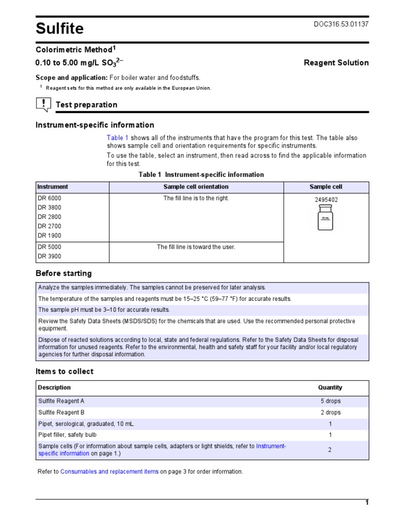 Sulfite: Colorimetric Method 0.10 To 5.00 MG/L SO Reagent Solution ...