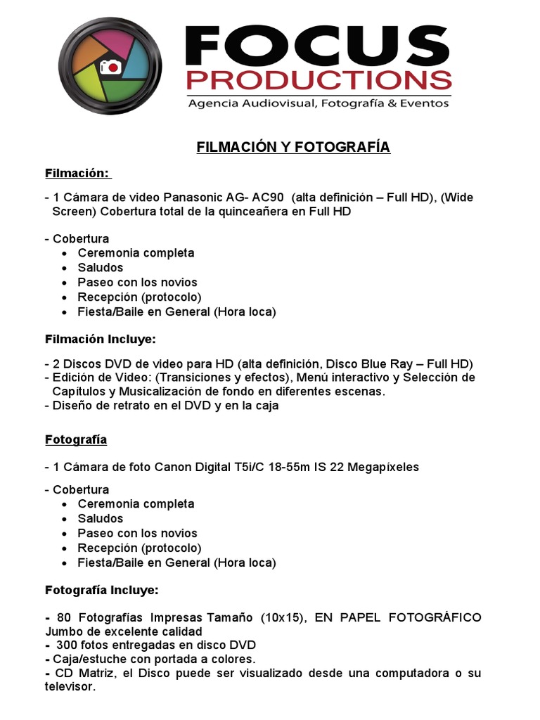 Servicios de Fotografía y Filmación | PDF | Imagen