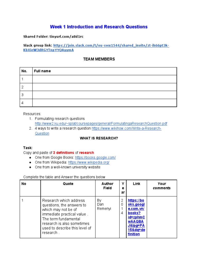 Week 1 Introduction and Research Questions 1 | PDF | Information ...