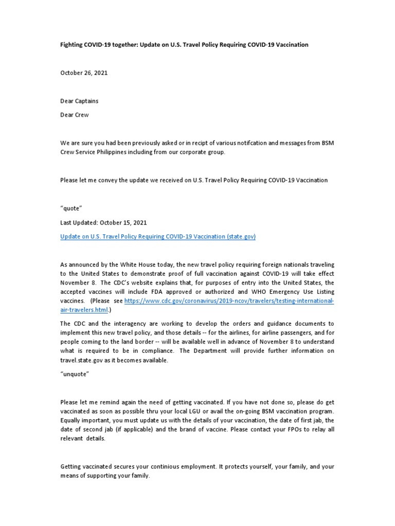 Letter To Seafarer Oct 26 2021 | PDF | Vaccines | Immunology