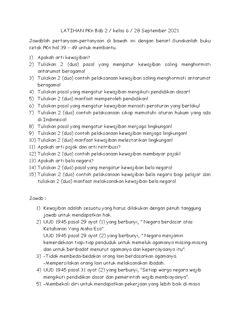 LATIHAN PKN Bab 2 Kelas 6 Hal 39 - 49 (Jawaban PKN) | PDF