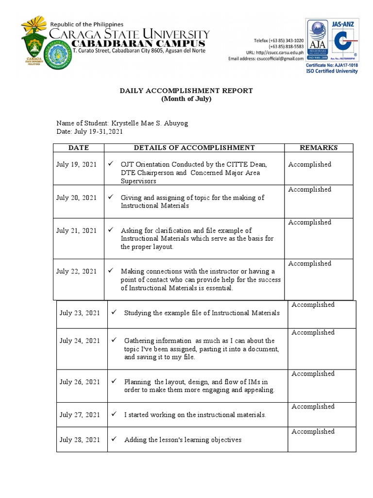 Daily Accomplishment Report (Month of July) | PDF | Communication | Learning