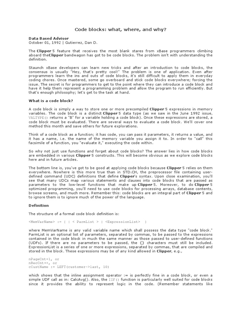 Code Blocks: What, Where, and Why?: Data Based Advisor | PDF ...