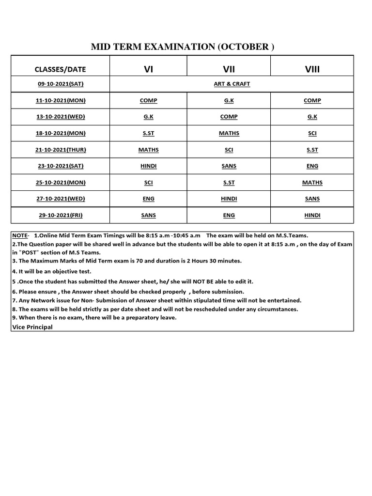 Mid Term Date Sheet | PDF