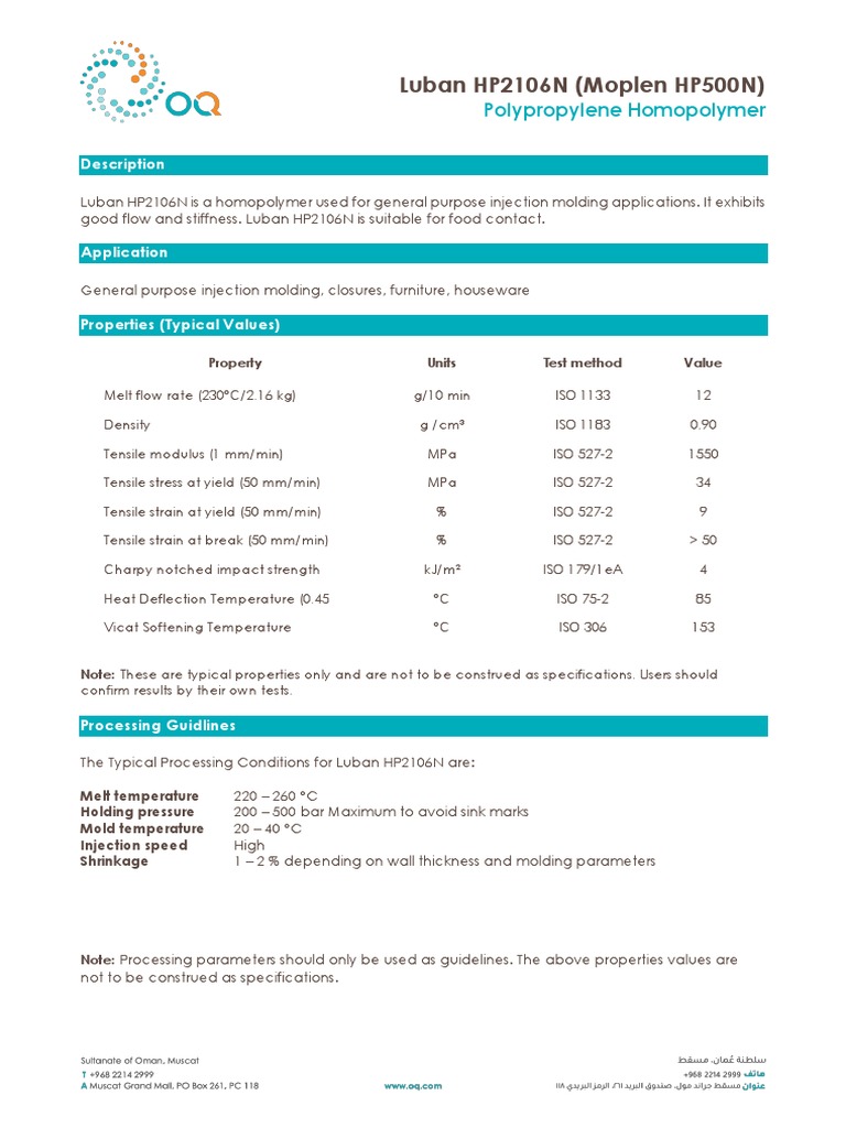 PP Inj Hp2106n Moplen Hp500n Iso | PDF | Yield (Engineering) | Strength Of Materials