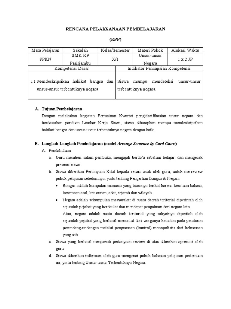 RPP PPKN: Unsur Negara Kelas X | PDF