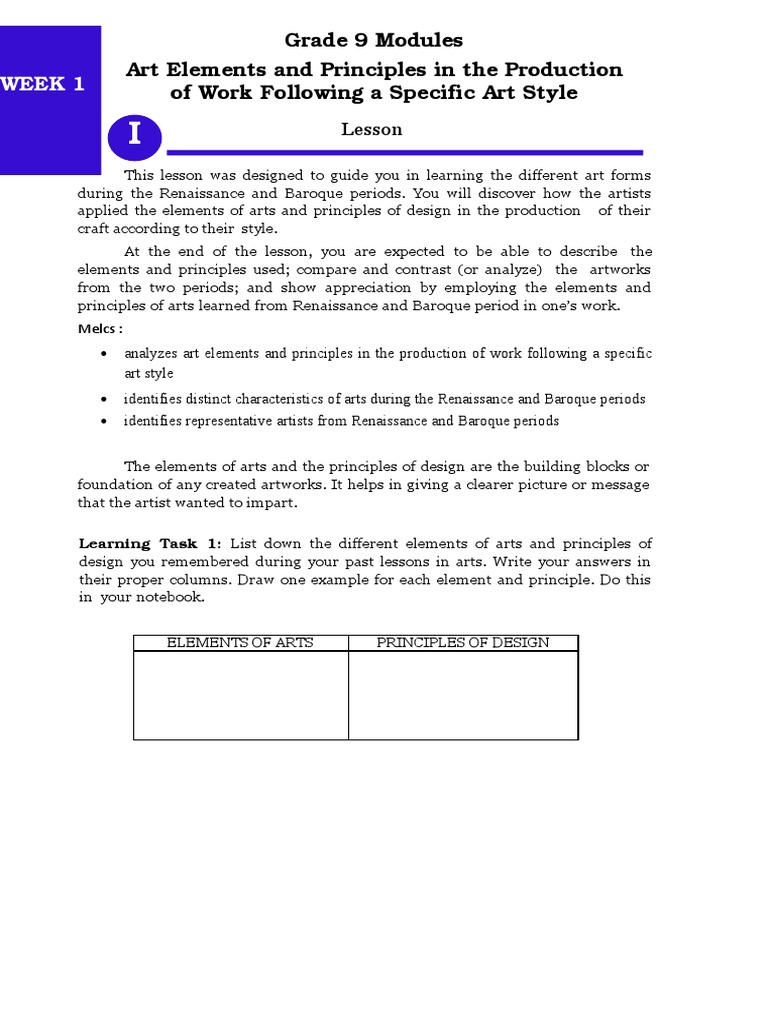 Grade 9 Modules Art Elements and Principles in The Production of Work ...