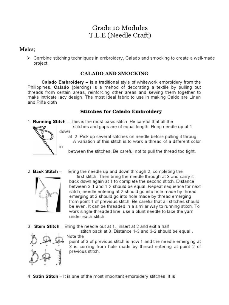 Grade 10 Modules T.L.E (Needle Craft) : Melcs | PDF | Embroidery ...