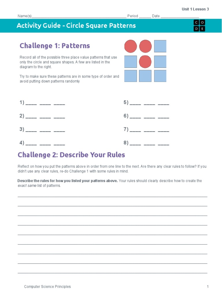Circle Square Patterns - Unit 1 Lesson 3 | PDF