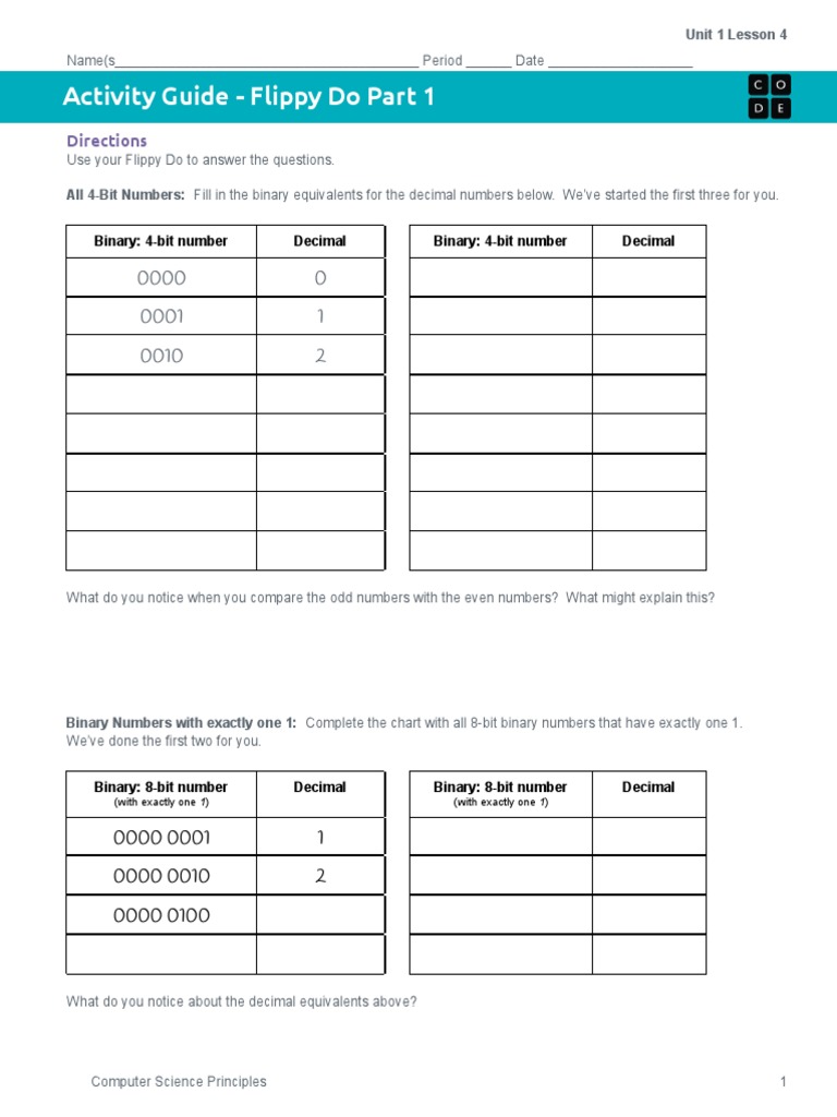 Activity Guide - Flippy Do PT 1 - Unit 1 Lesson 4 | PDF | Decimal | Numbers