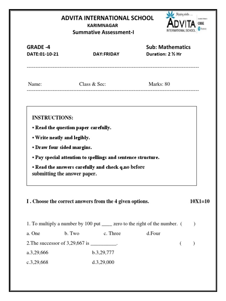 Sa-1 Grade 4 - Math QP | PDF | Numbers | Geometry