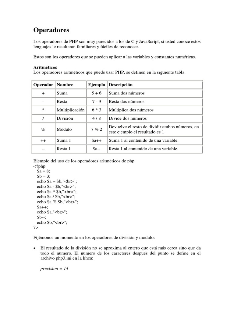 PHP Operadores | PDF | División (Matemáticas) | Php