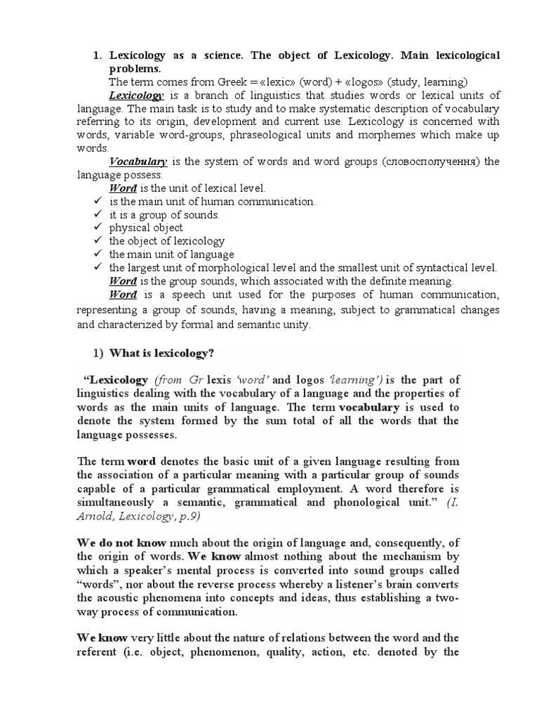 Lexicology As A Science. The Object of Lexicology. Main Lexicological ...