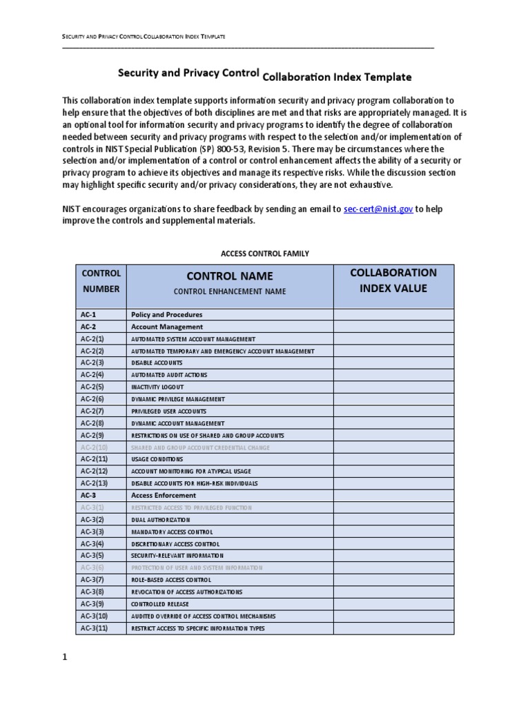 Security and Privacy Control Collaboration Index Template | PDF ...