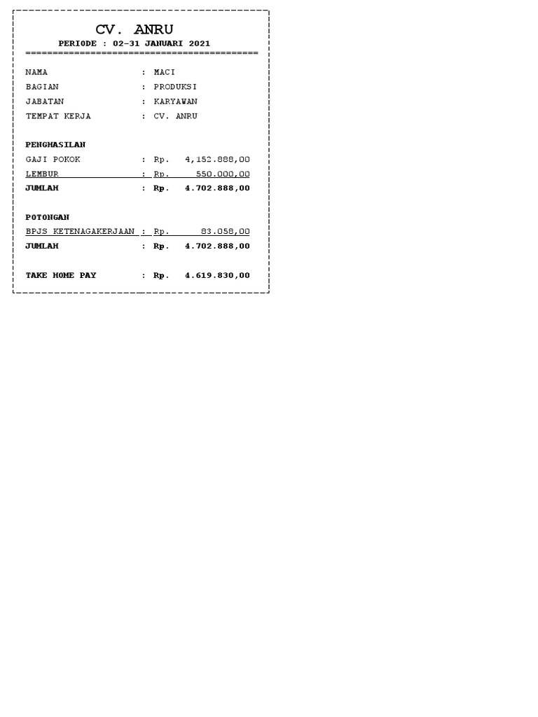 Slip Gaji Karyawan CV. Anru Januari 2021 | PDF