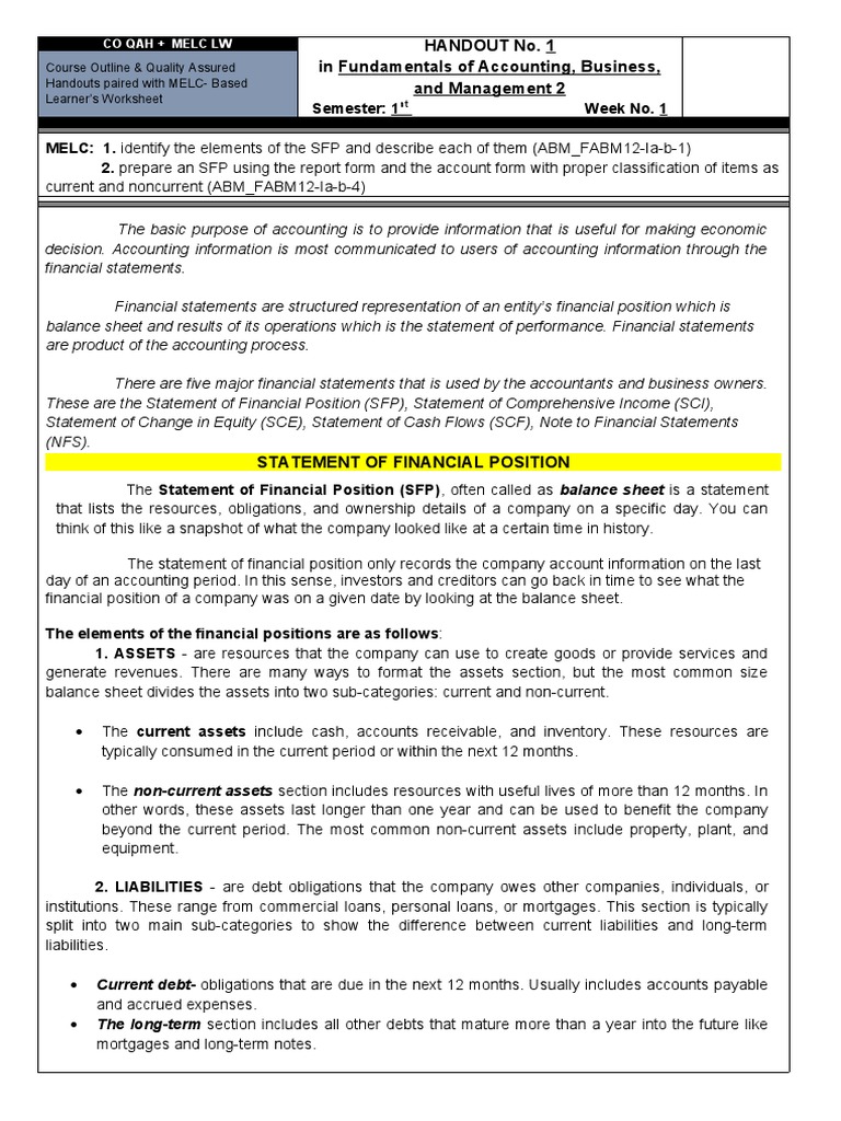 Handout No. 1 in Fundamentals of Accounting, Business, and Management 2 ...