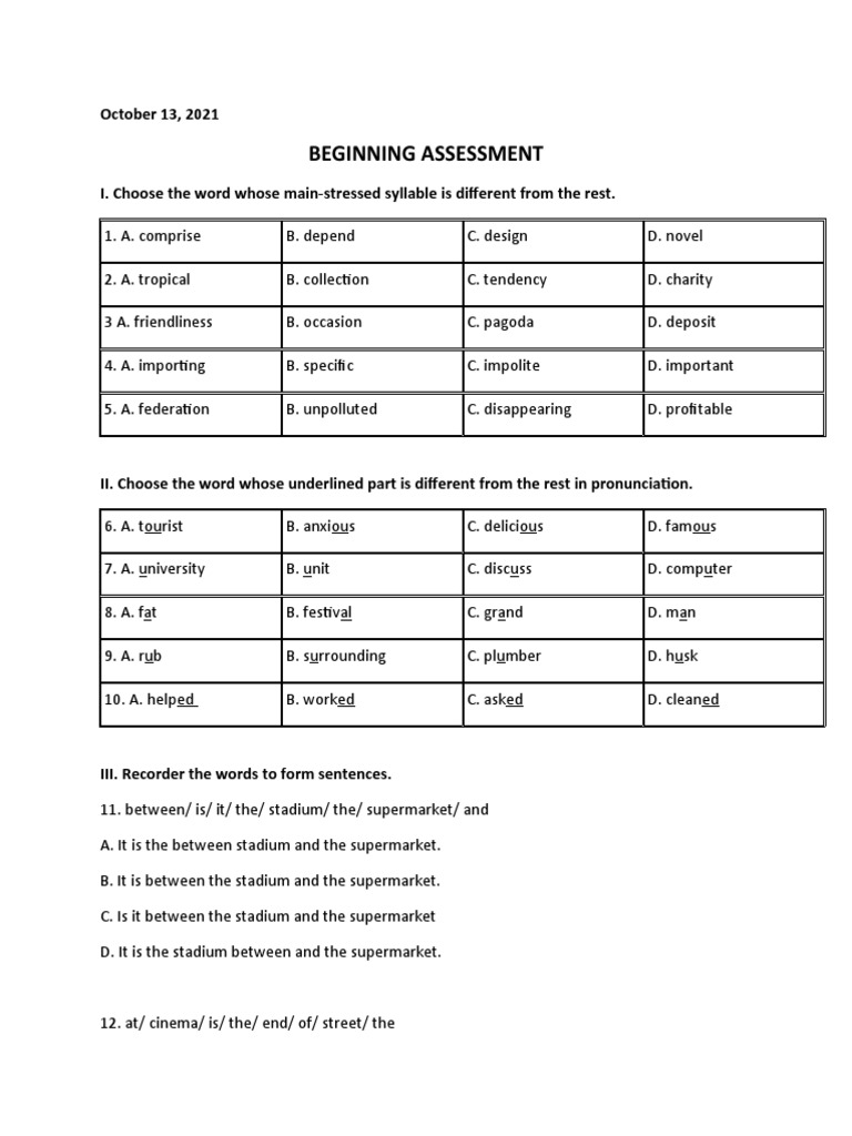 Beginning Assessment 6th Grade PDF Teachers