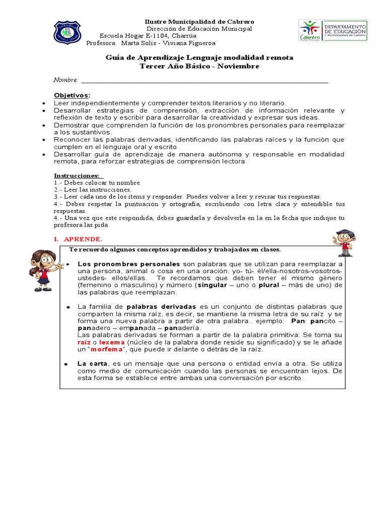Guìa Evaluada de Lenguaje Noviembre 3ro | PDF | Palabra | Aprendizaje