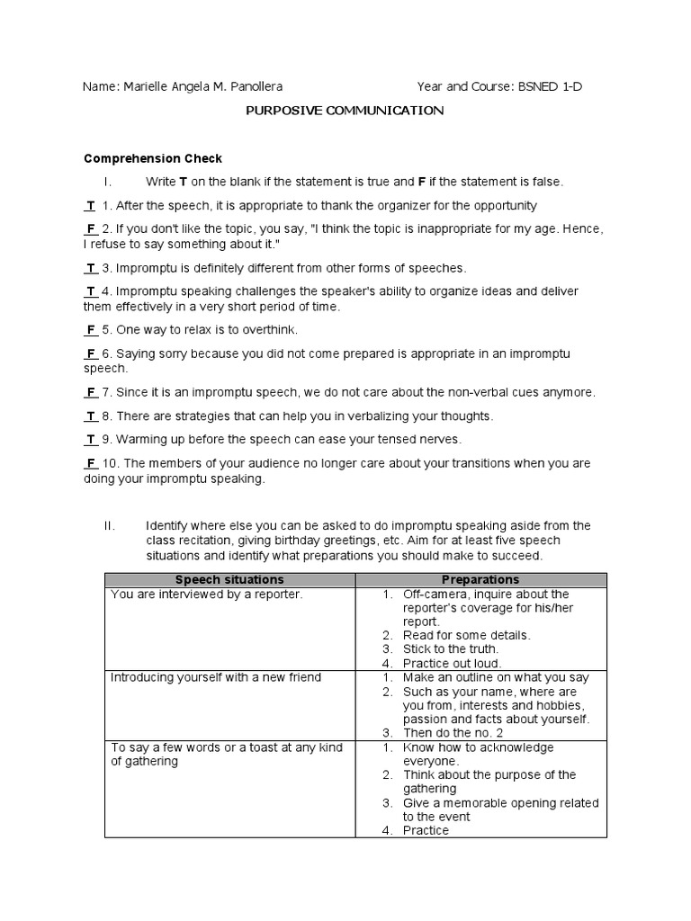 Impromptu Speech - Purposive Communication | PDF | Cognition | Human Communication