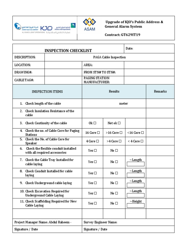 Cable Inspection Check List | PDF | Wire | Electrical Wiring