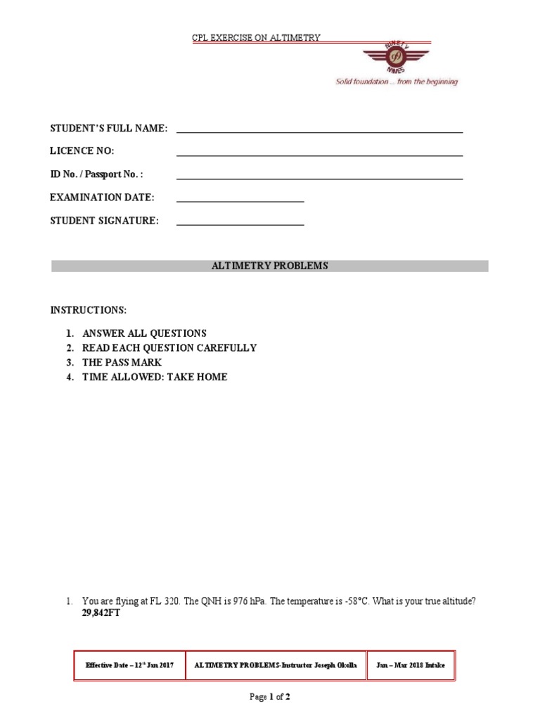 Altimetry Exercises 2021 | PDF | Altimeter | Altitude