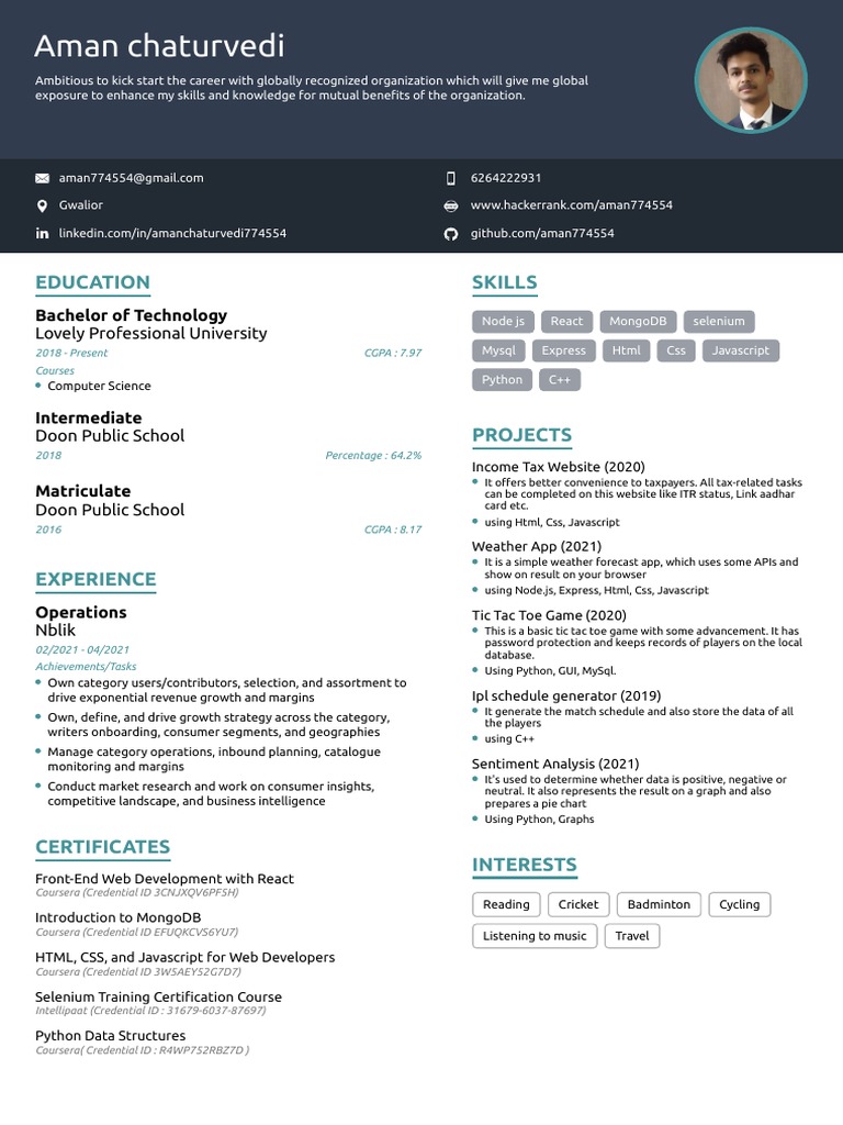 CV Aman Chaturvedi 11801628 | Download Free PDF | Java Script | World Wide Web