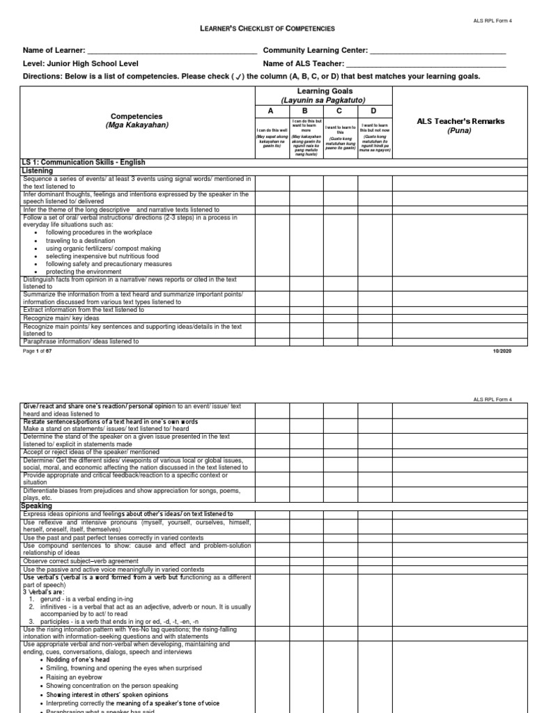 RPL Form 4 - JHS Learner's Checklist of Competencies | PDF | Verb | Essays