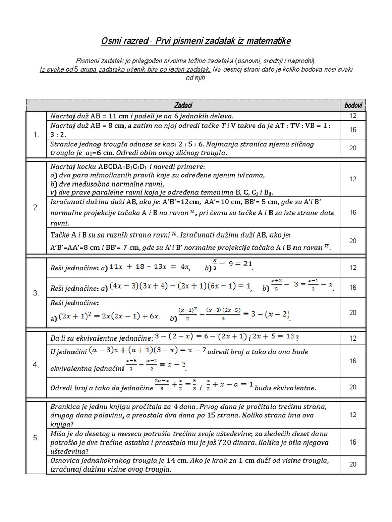 Osmi Razred Pismeni Zadatak | PDF