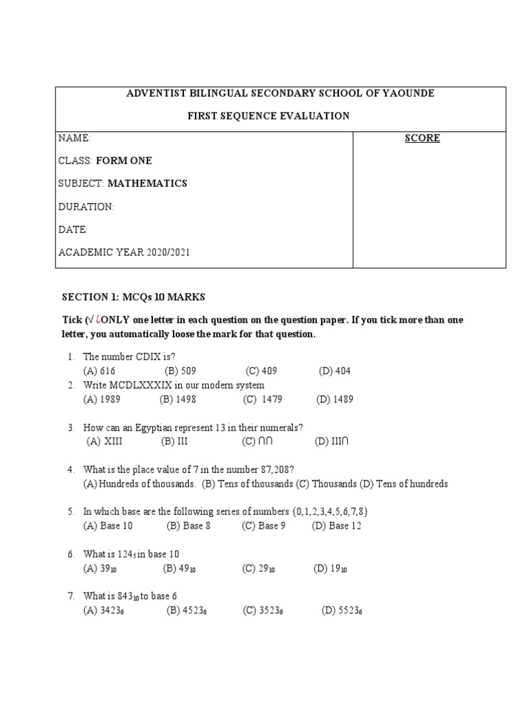 Form 1 Mathematics Evaluation Paper | PDF