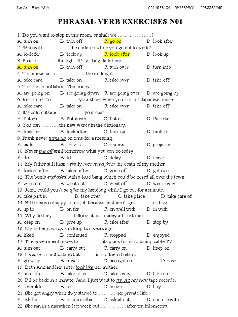 01-Bài Tâp Phrasal Verb Exercise No1 | PDF