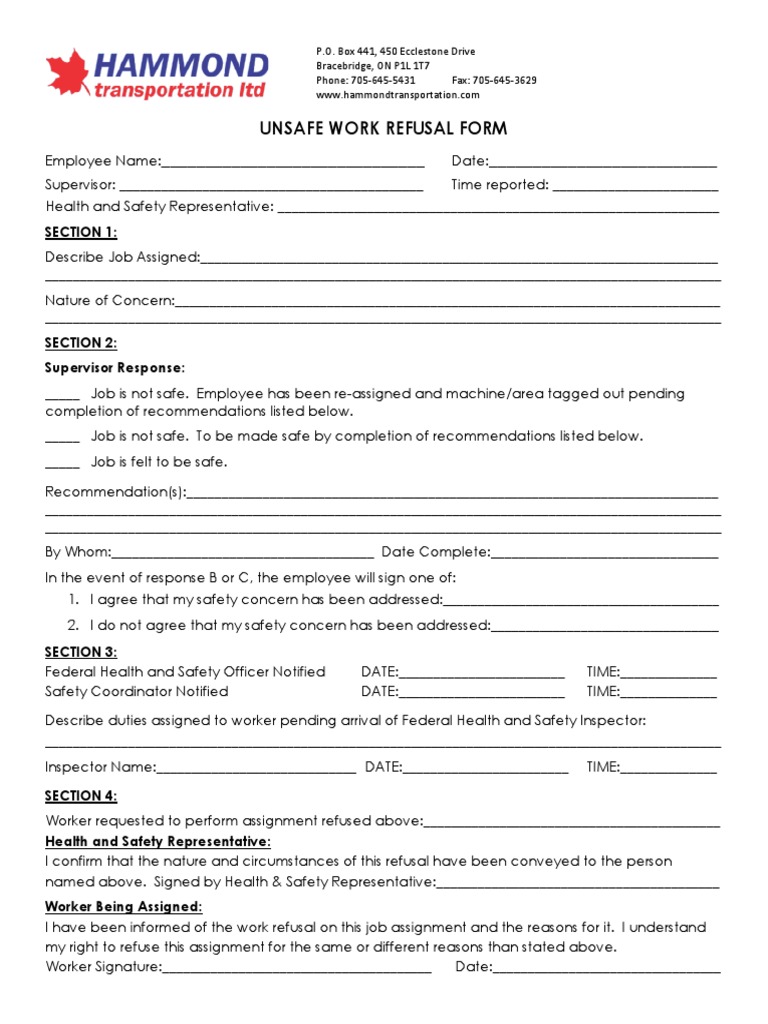 Unsafe Work Refusal Form | PDF | Occupational Safety And Health | Labor