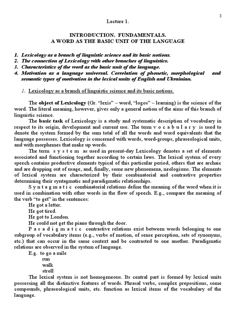 Introduction. Fundamentals. A Word As The Basic Unit of The Language ...