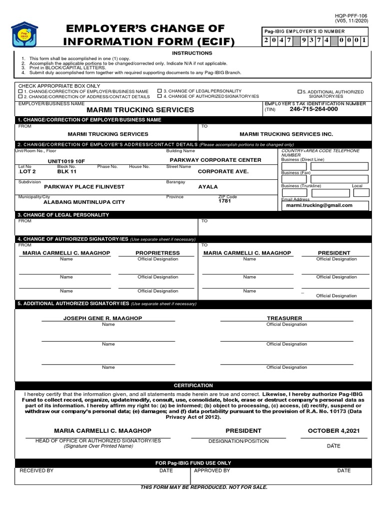 Employer'S Change of Information Form (Ecif) : HQP-PFF-106 (V05, 11/ ...
