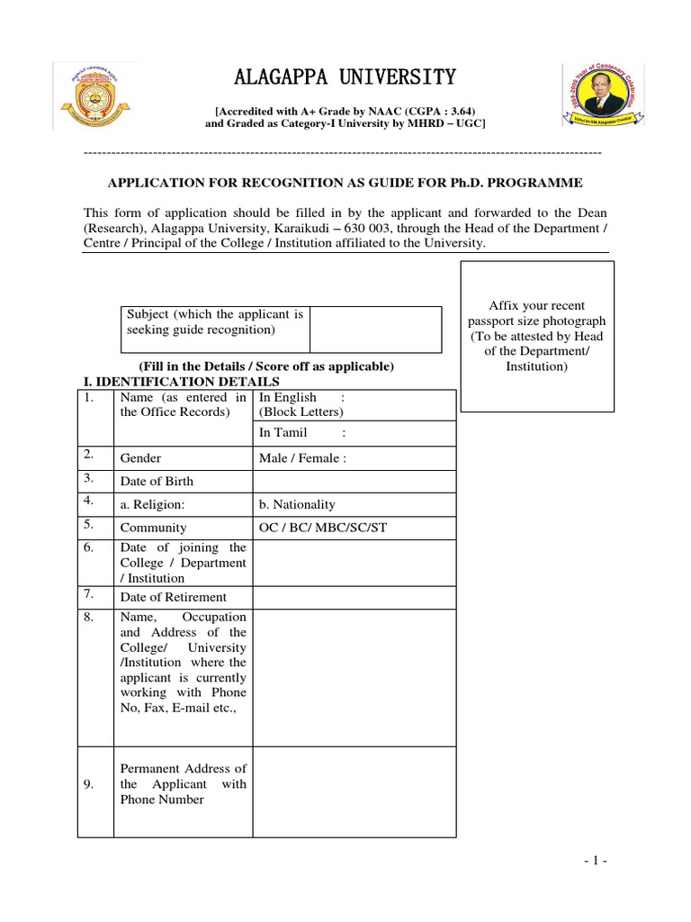 Alagappa University: Application For Recognition As Guide For Ph.D ...