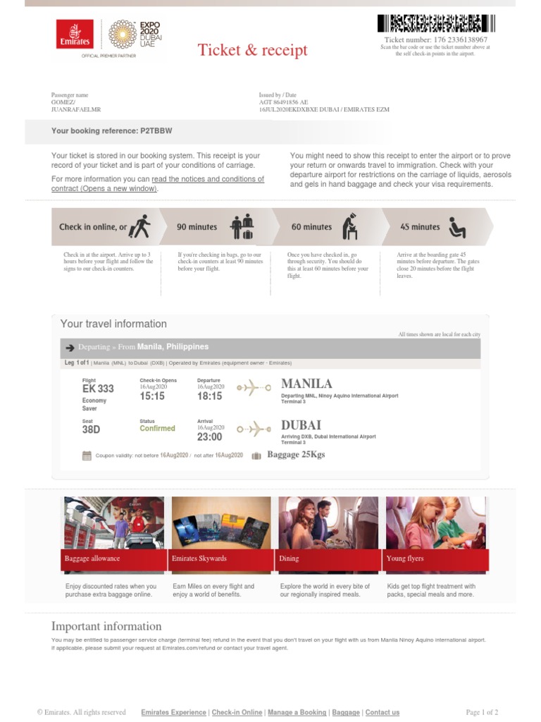 Emirates Ticket 1 | PDF | Baggage | Aviation