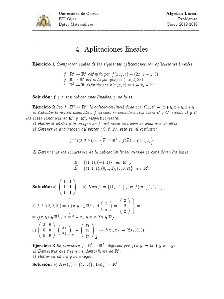 4 Ejercicios Aplicaciones Lineales | PDF | Mapa lineal | Base (álgebra lineal)
