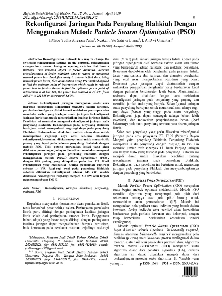 Rekonfigurasi Jaringan Pada Penyulang Blahkiuh Dengan Menggunakan Metode Particle Swarm ...