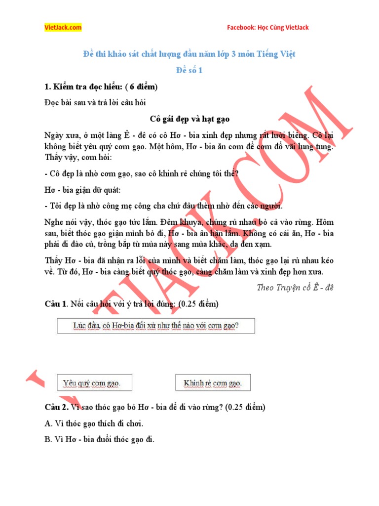 De Thi Khao Sat Chat Luong Dau Nam Lop 3 Mon Tieng Viet | PDF